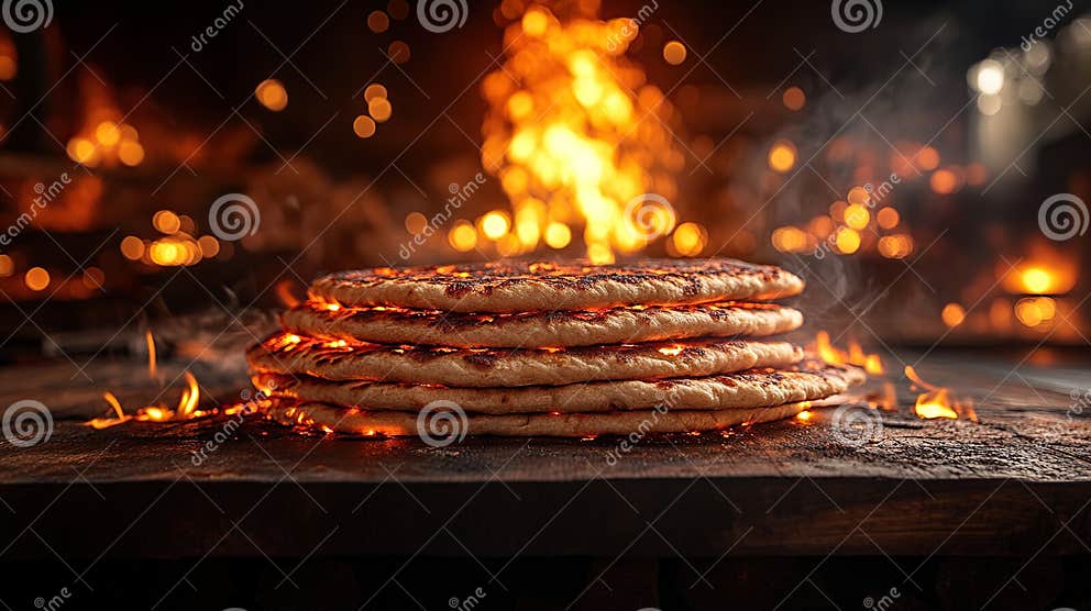 Stacked Flatbreads Baking Wood Oven Fire Background Stock Image - Image ...