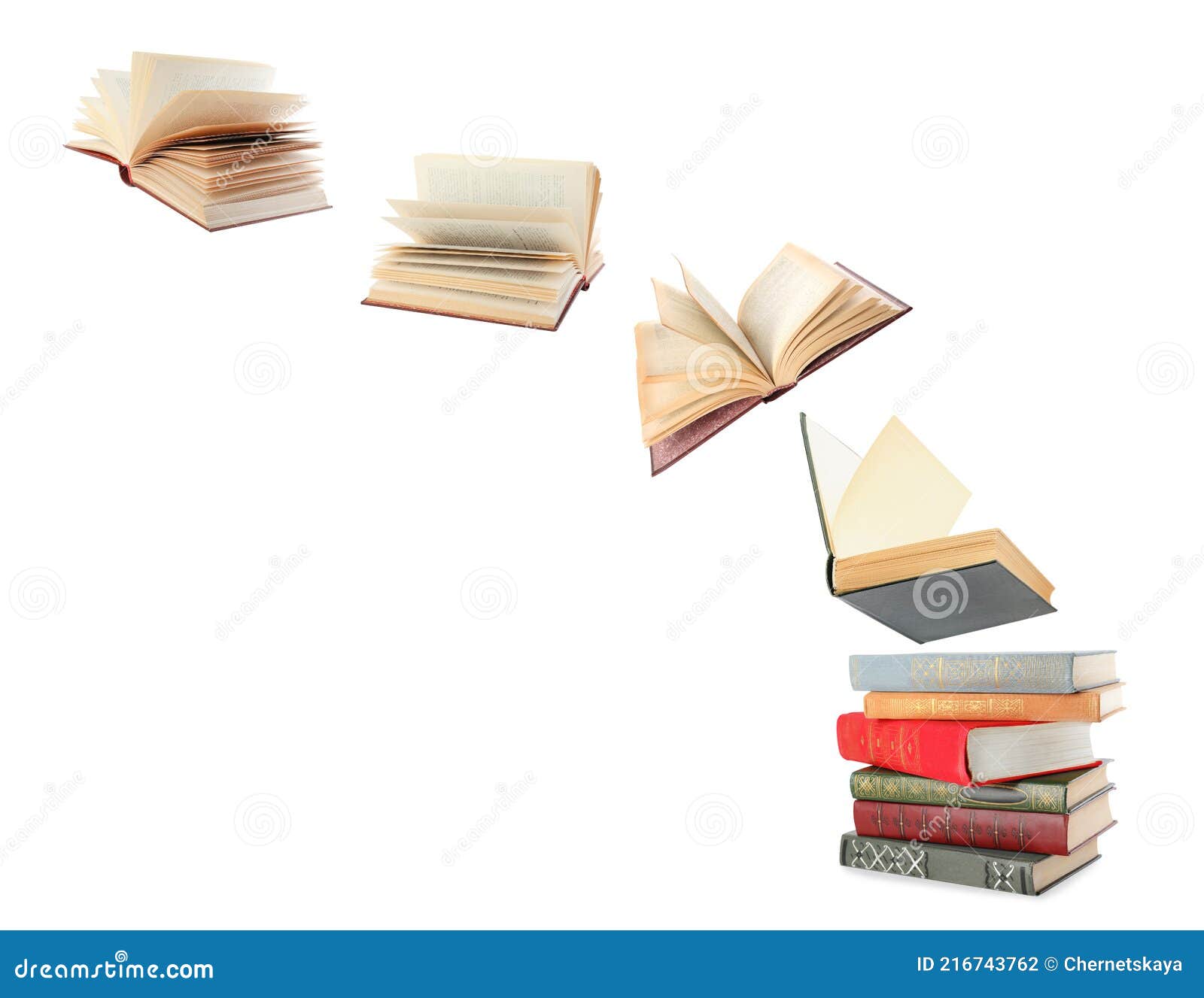 Stacked And Flying Books On White Background, Collage Stock Image ...