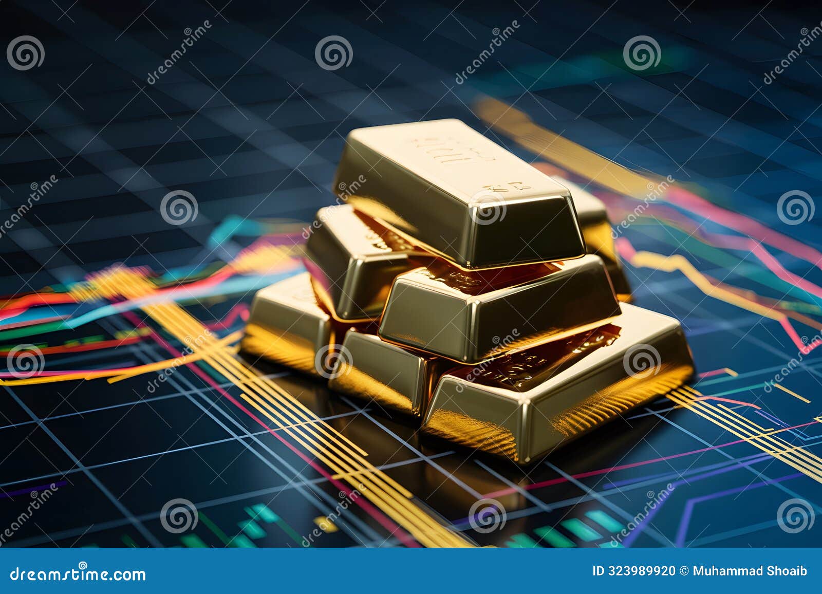 Stacked Gold Bars on Digital Interface with Colorful Lines and Graphs ...