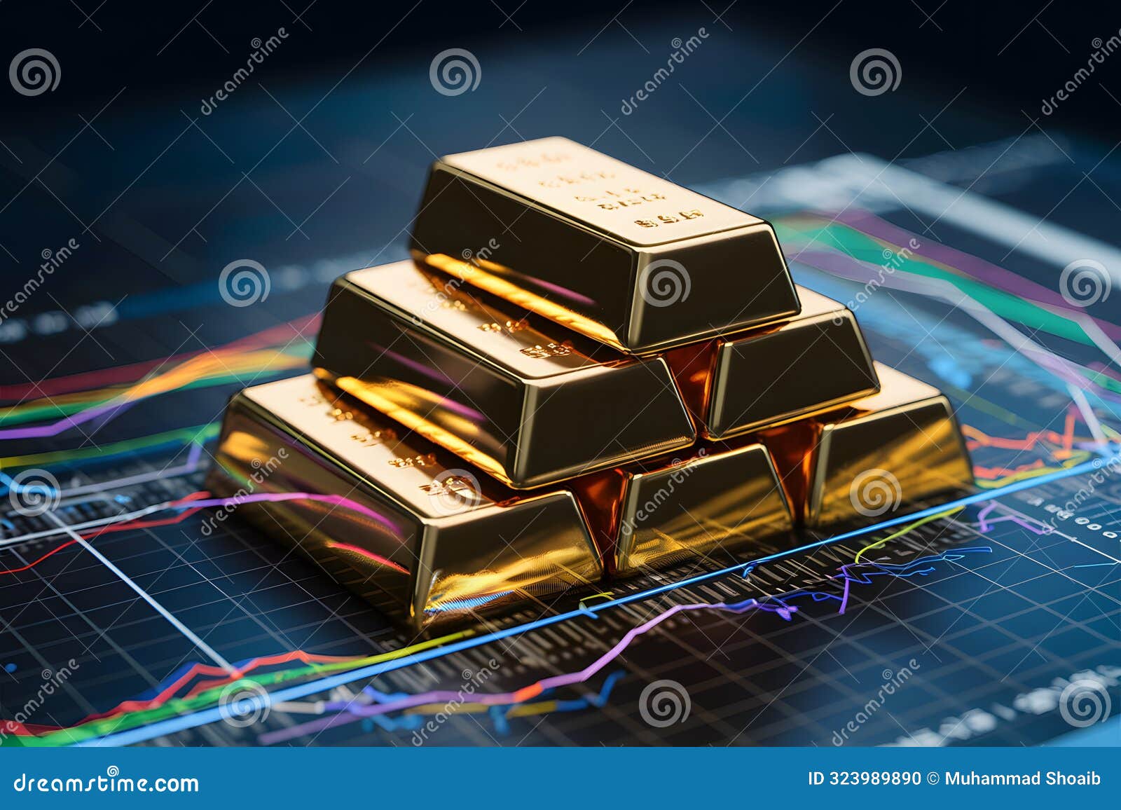 Stacked Gold Bars on Digital Interface with Colorful Lines and Graphs ...