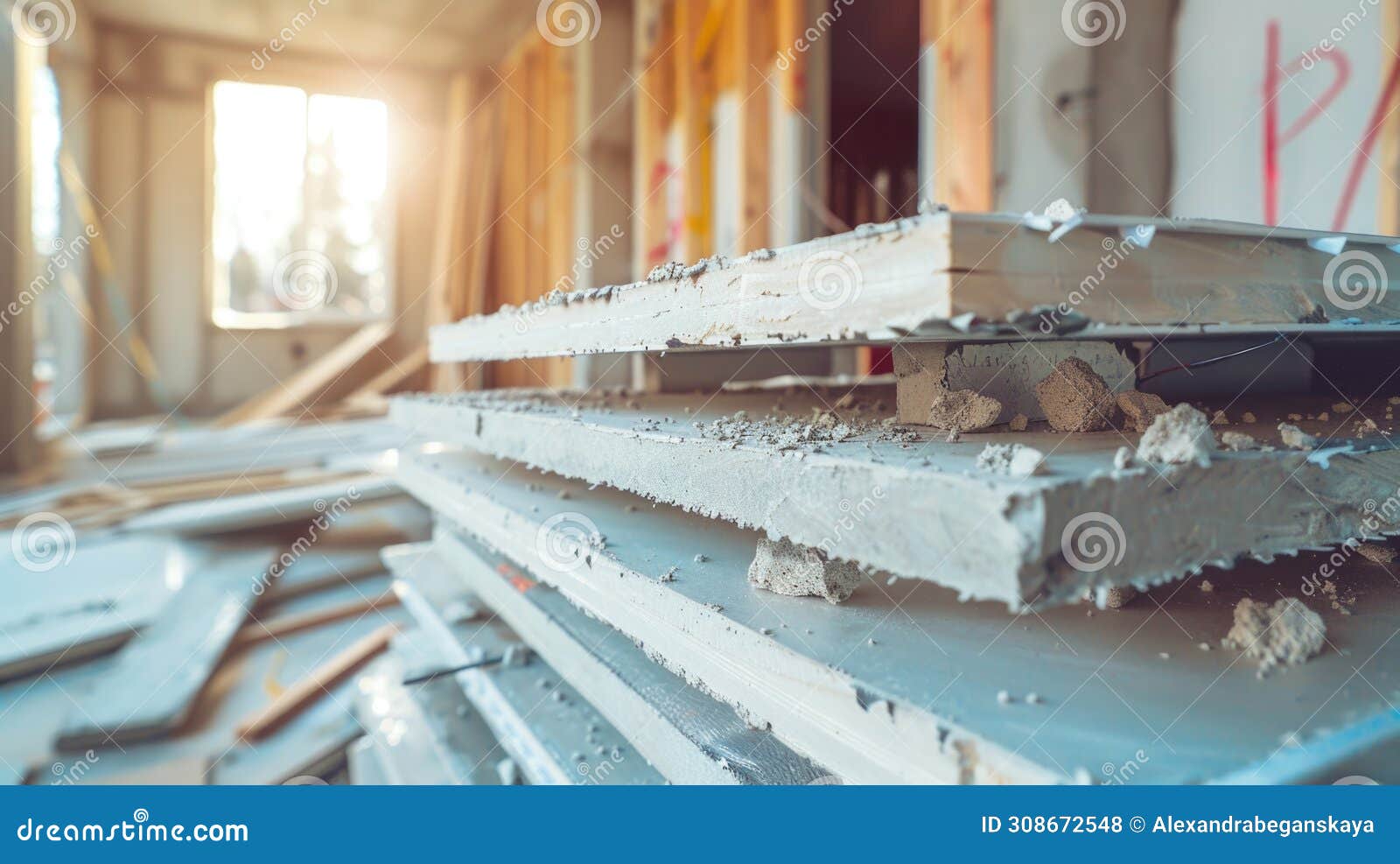 Stacked Gypsum Plasterboard in a Construction Setting with Natural ...