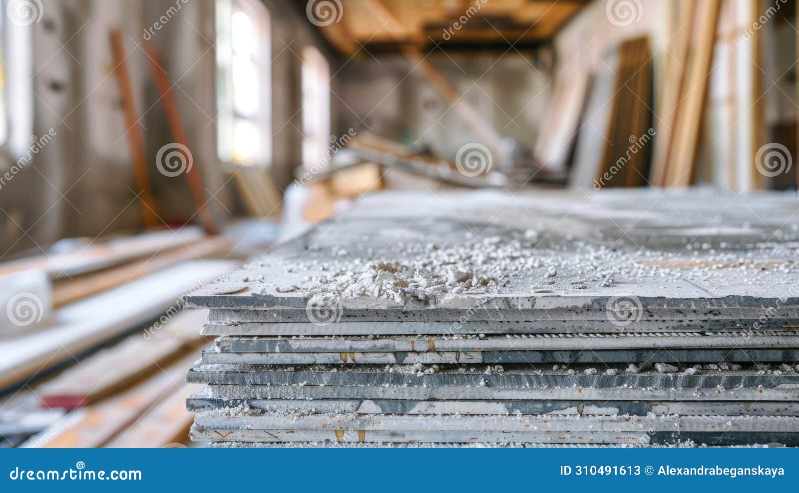 Stacked Gypsum Plasterboard in a Construction Setting with Natural ...