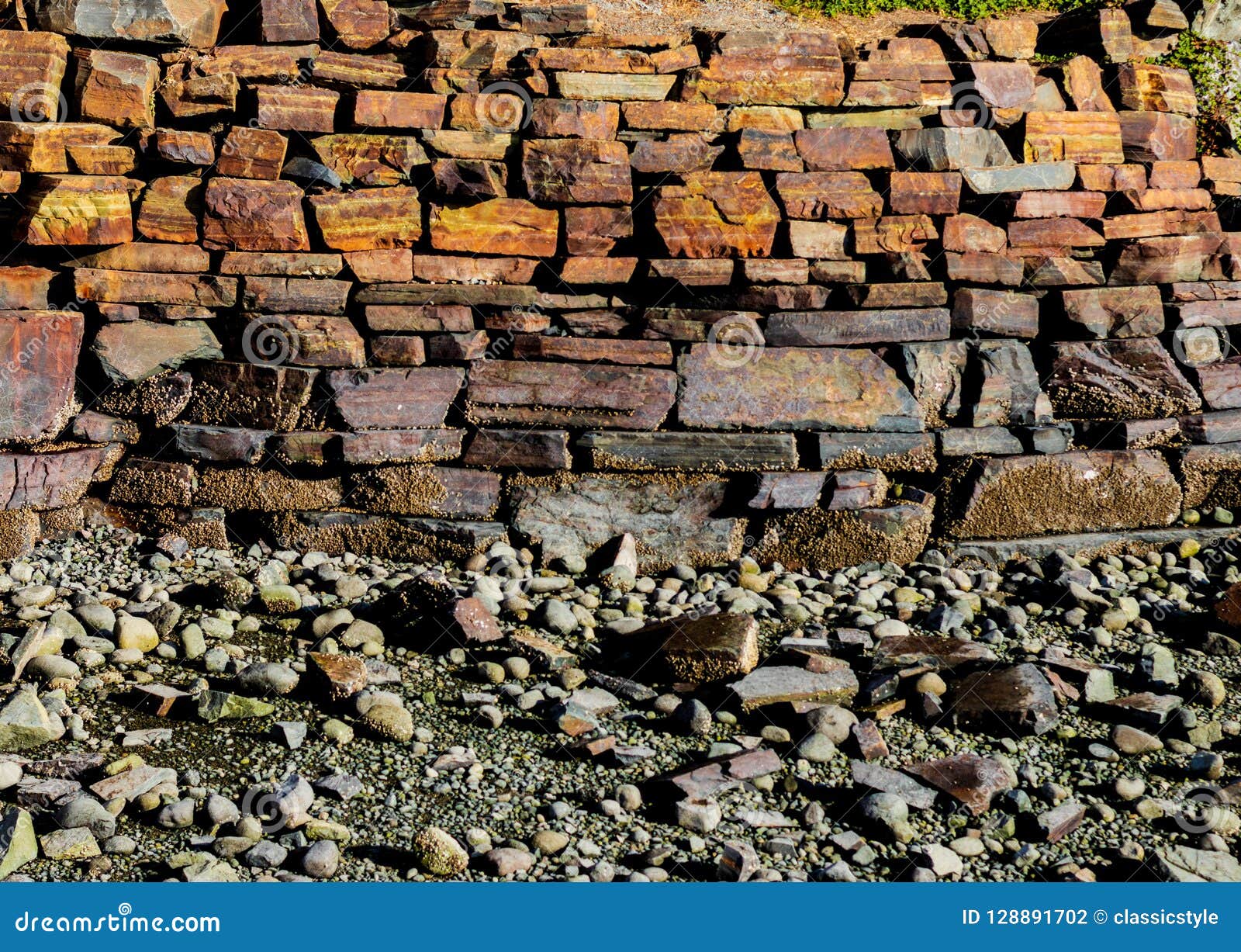 Stacked Iron Ore Stone Wall Along a Beach Stock Photo - Image of ...