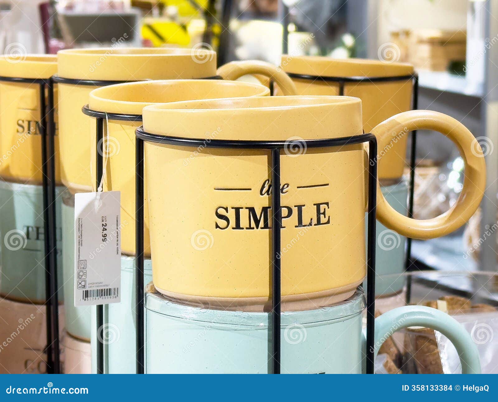 Stacked Large Yellow and Blue Mugs with Handles and Simple Text Design ...