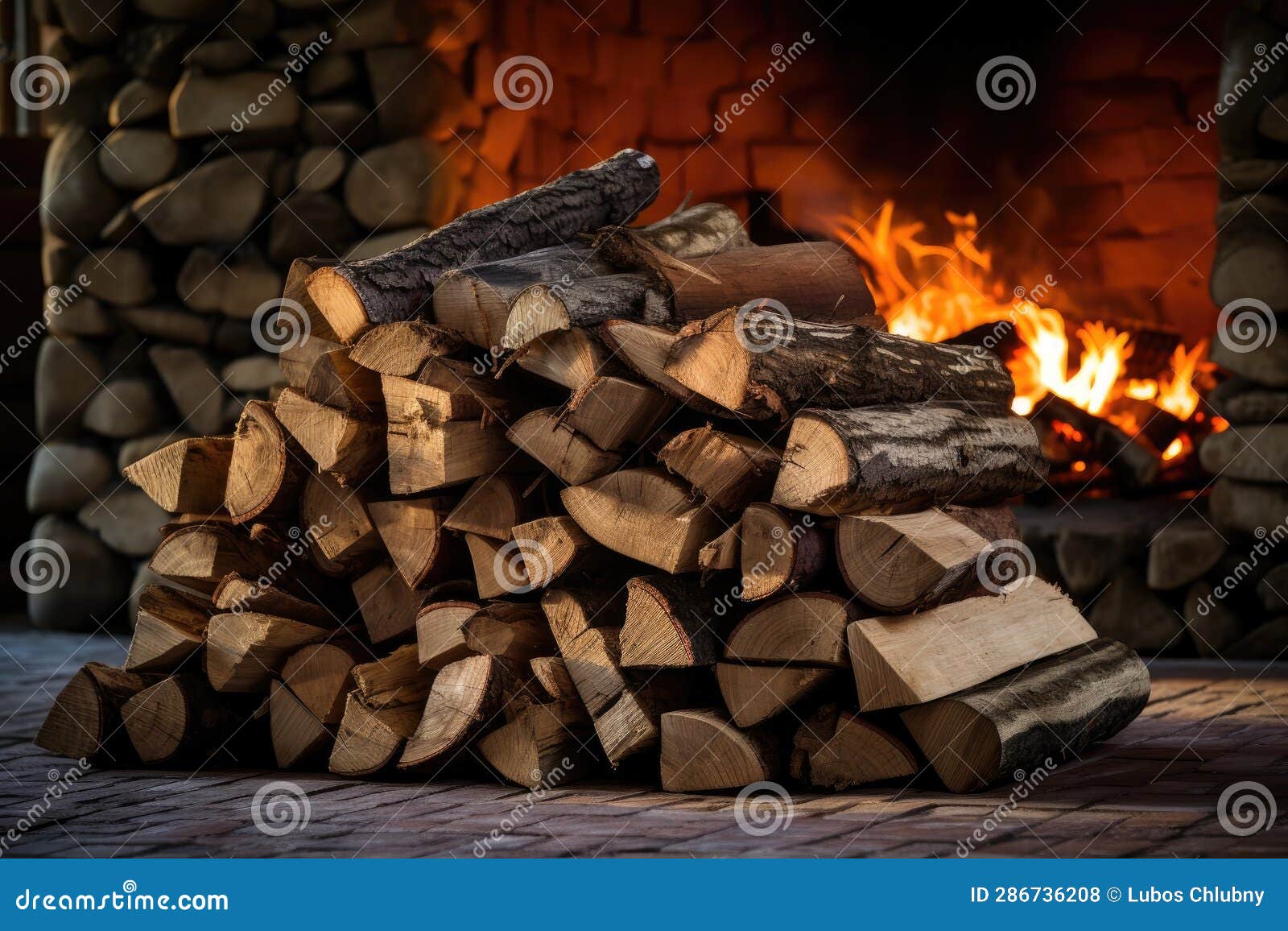 Stacked Logs of Firewood by the Fireplace Stock Illustration ...