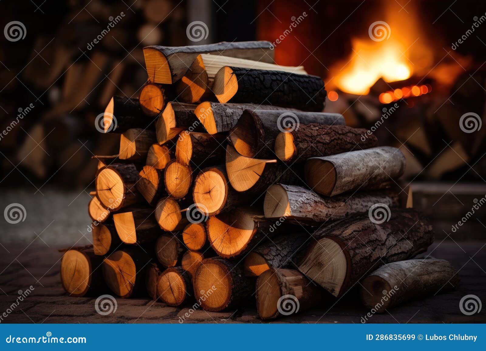 Stacked Logs of Firewood by the Fireplace Stock Illustration ...