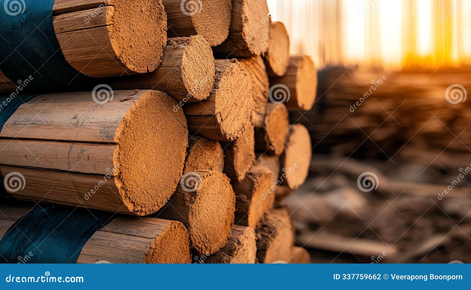 Stacked Logs in a Timber Yard at Sunset, Showcasing Natural Wood ...
