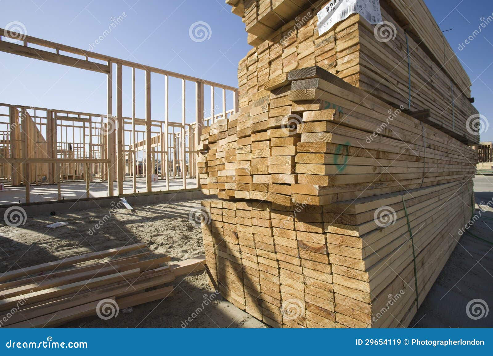 Stacked Lumber at Construction Site Stock Image - Image of site, timber ...