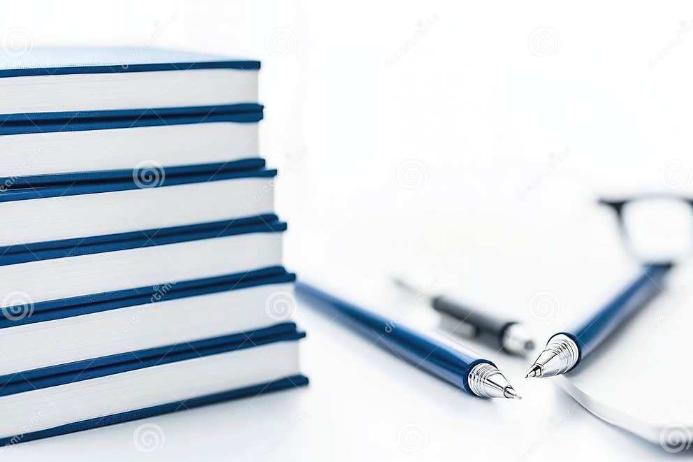 Stacked Notebooks and Pens on White Background for Office and School ...