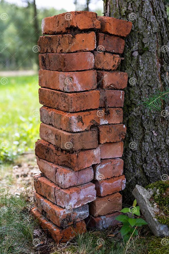 Stacked Old Red Bricks beside a Tree, Vertical Shot Stock Photo - Image ...