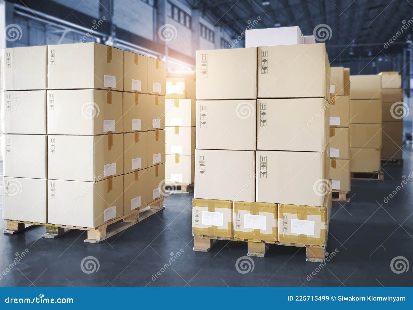 Stacked of Package Boxes on Pallets at the Storage Warehouse. Packaging ...