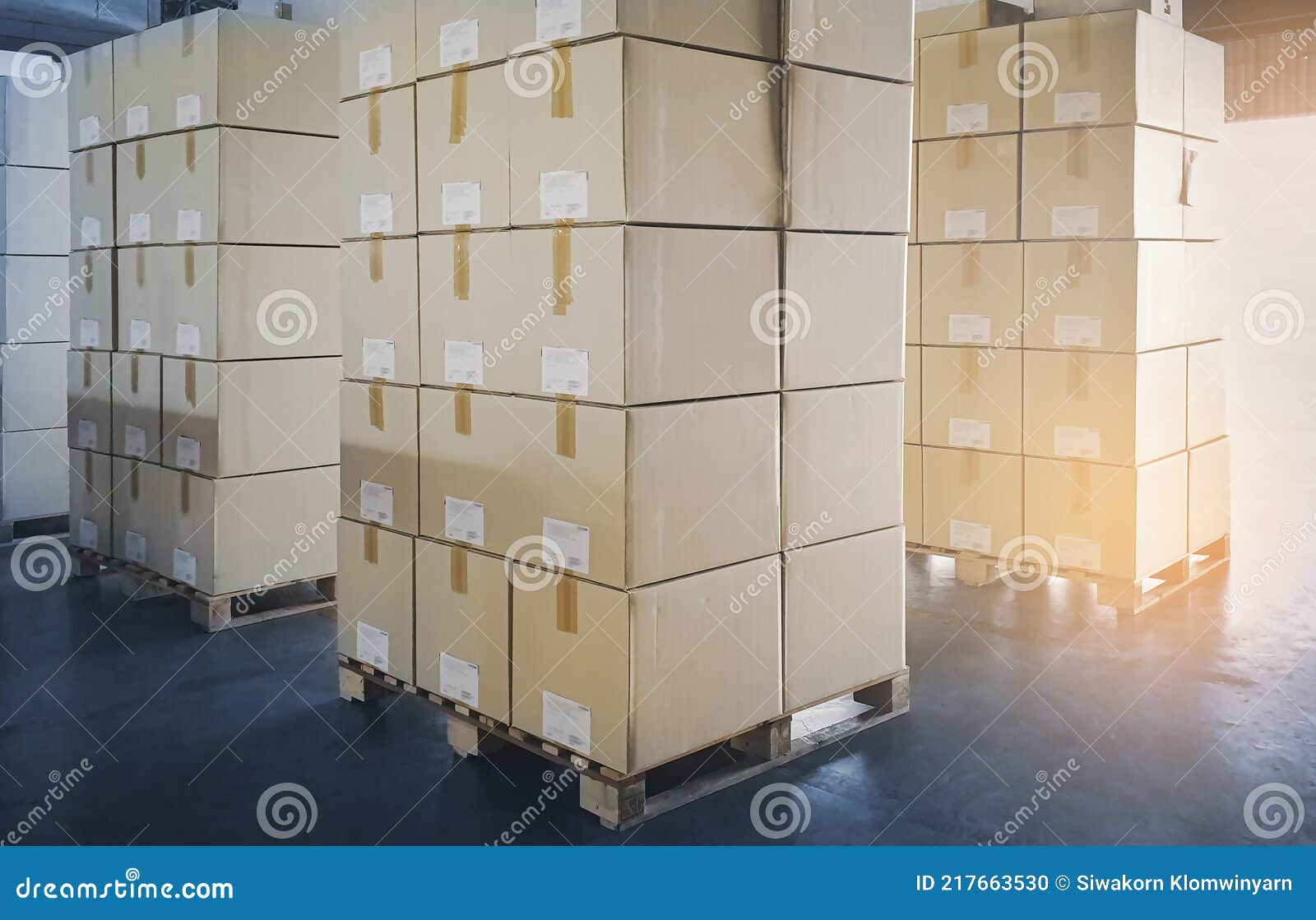 Stacked of Package Boxes on Wooden Pallet at Storage Warehouse ...