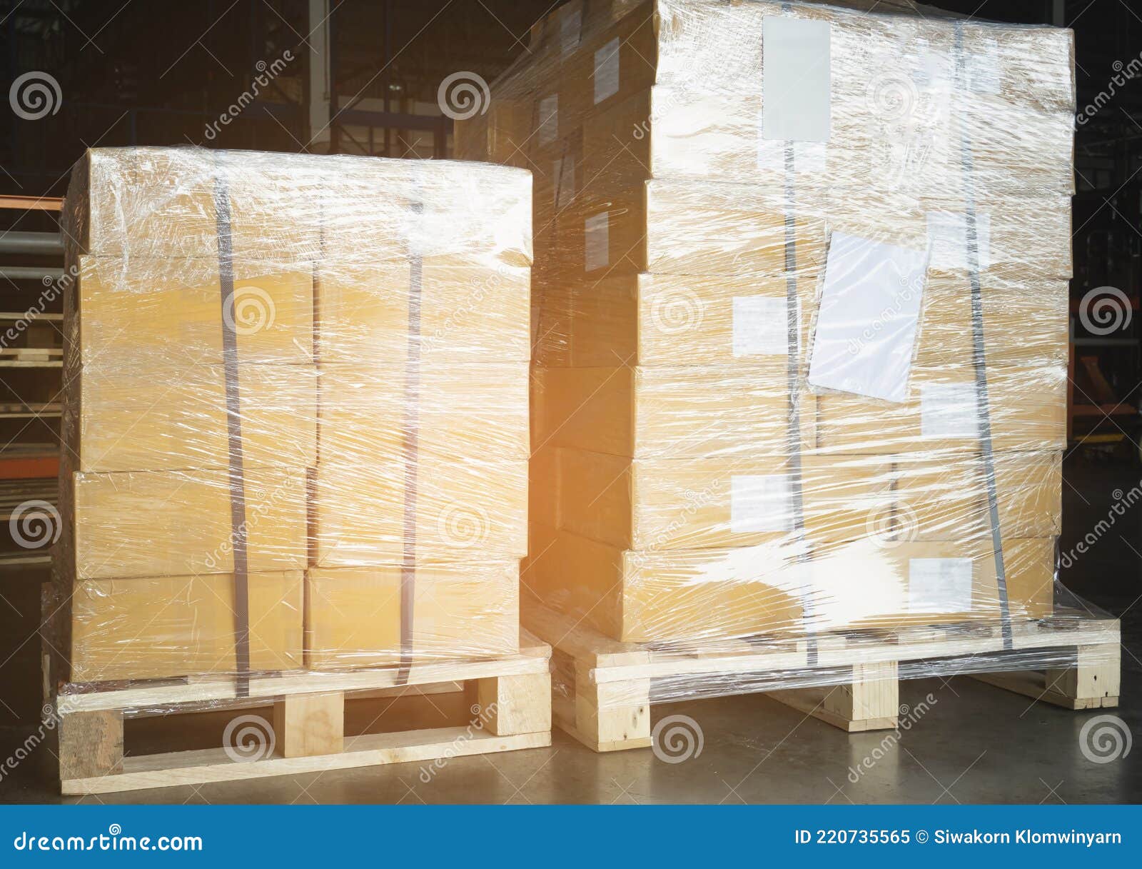 Stacked of Package Boxes Wrapped Plastic Film on Pallet at Storage ...