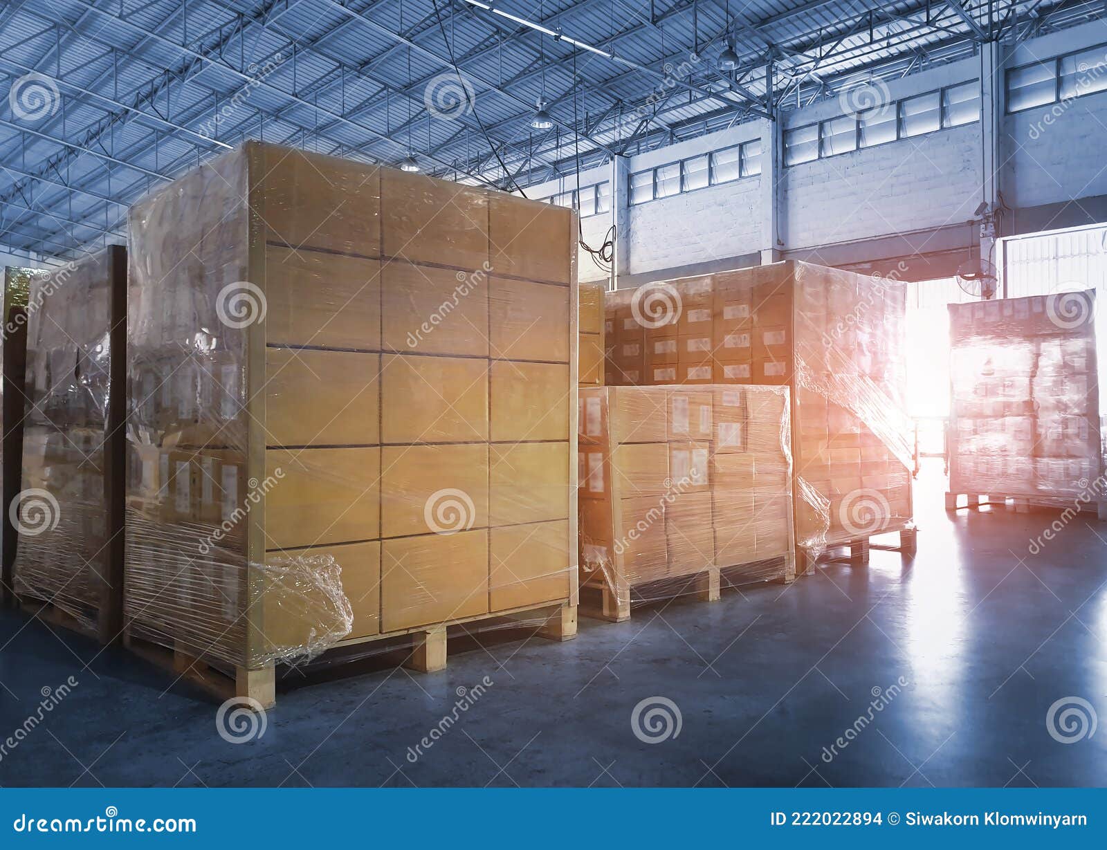 Stacked of Package Boxes Wrapped Plastic Flim on Pallets at Storage ...