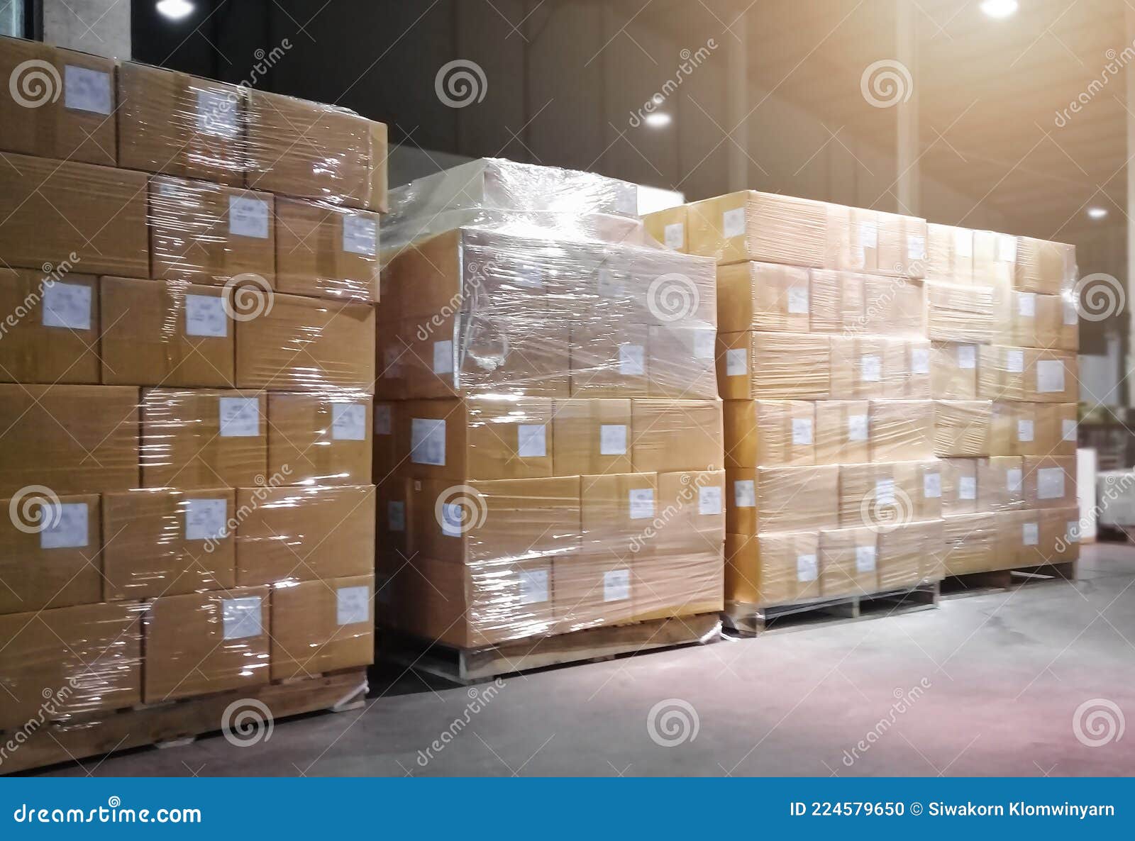 Stacked of Package Boxes Wrapped Plastic Flim on Pallets at Storage ...
