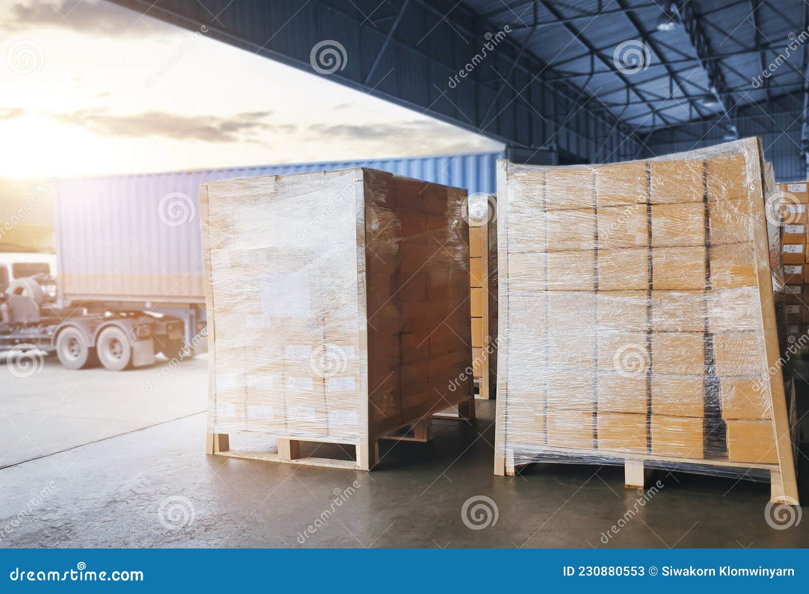 Stacked of Package Boxes Wrapped Plastic on Pallets Load with Shipping ...
