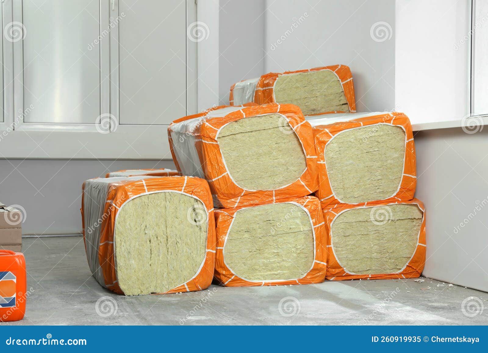 Stacked Packages of Thermal Insulation Material in Room Stock Image ...