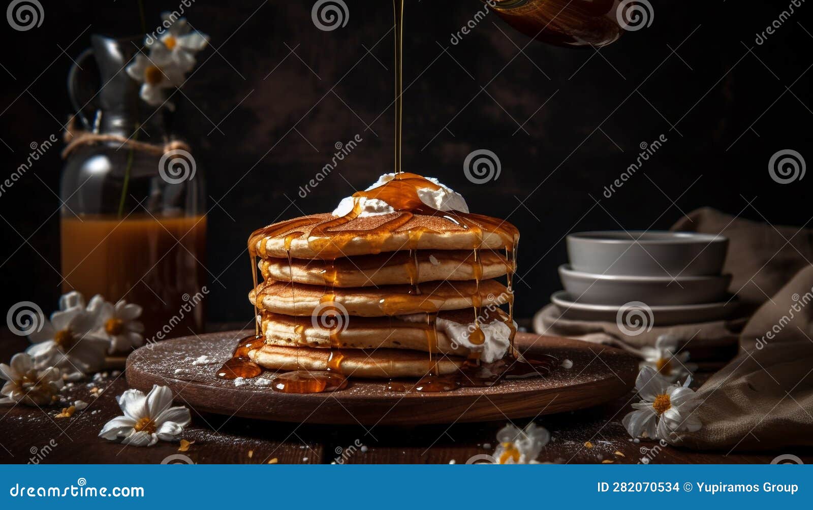 Stacked Pancake Plate with Fresh Berries and Sweet Syrup Drizzle ...