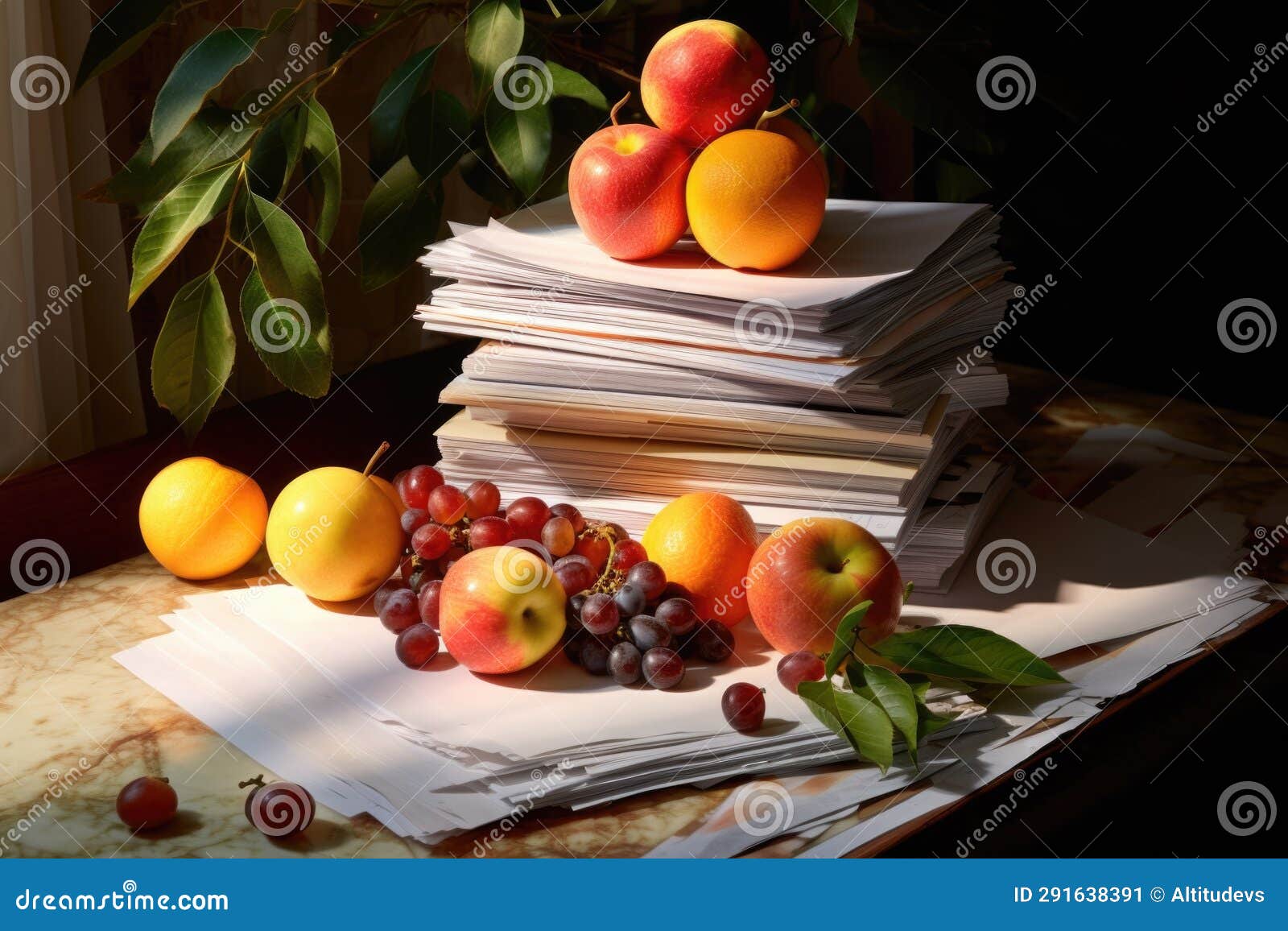 Stacked Paper Documents on a Table with a Side of Fruit Stock Image ...