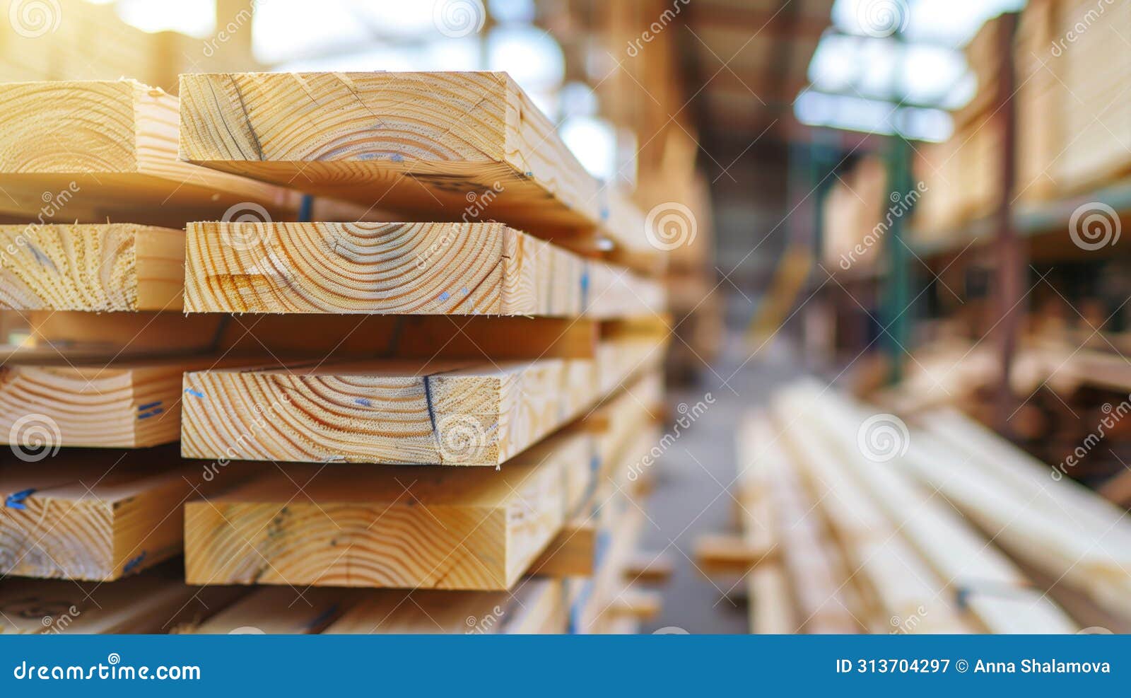 Stacked Pine Timber Planks on Shelves in a Construction Warehouse with ...