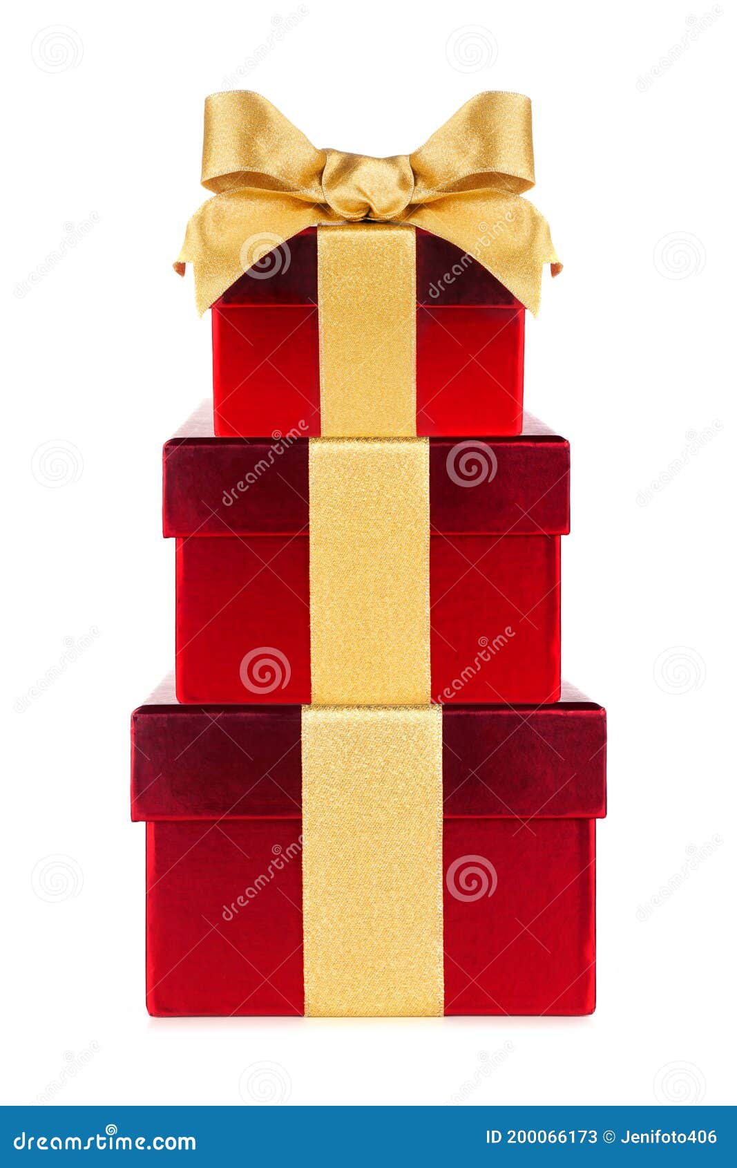 Stacked Red Gift Boxes Wrapped with Shiny Gold Bow and Ribbon Isolated ...