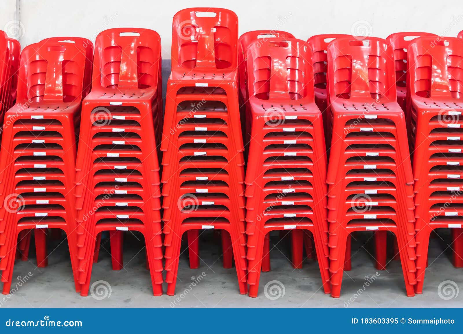 Stacked Red Plastic Chairs in Rows Stock Image - Image of pattern ...