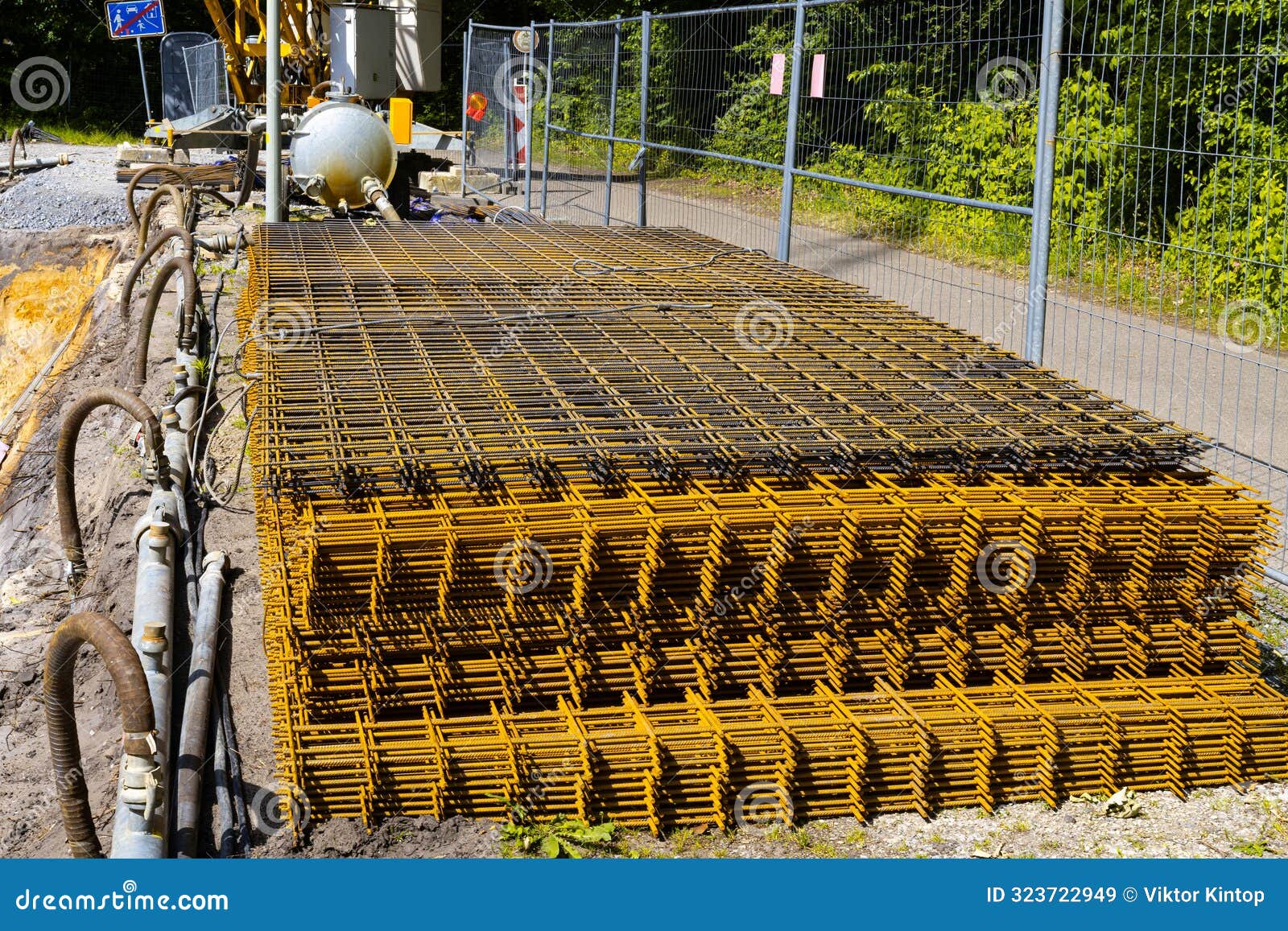 Stacked Rust-colored Reinforcement Mesh on a Construction Site Stock ...