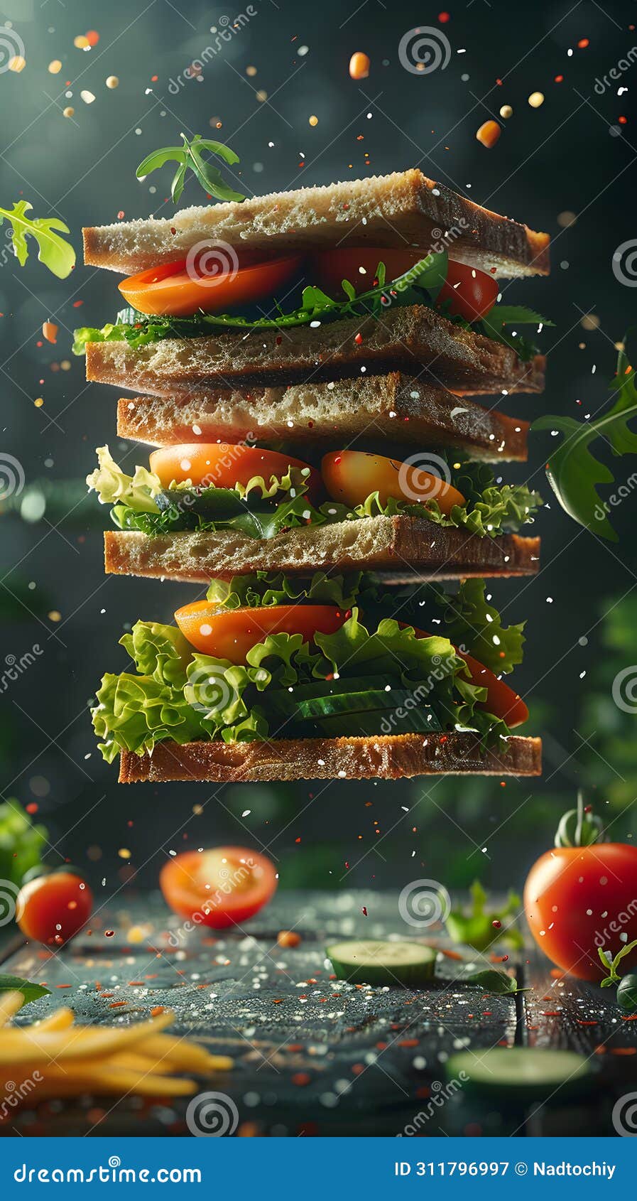 Stacked Sandwich on Table with Various Ingredients and Leafy Vegetables ...