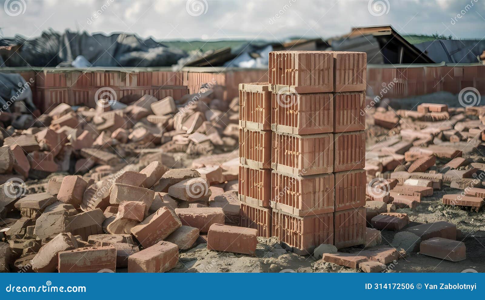 Stacked and Scattered Bricks at Construction Zone. Concept Construction ...