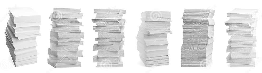 Stacked Sheets of Paper on White Background, Banner Design Stock Photo ...