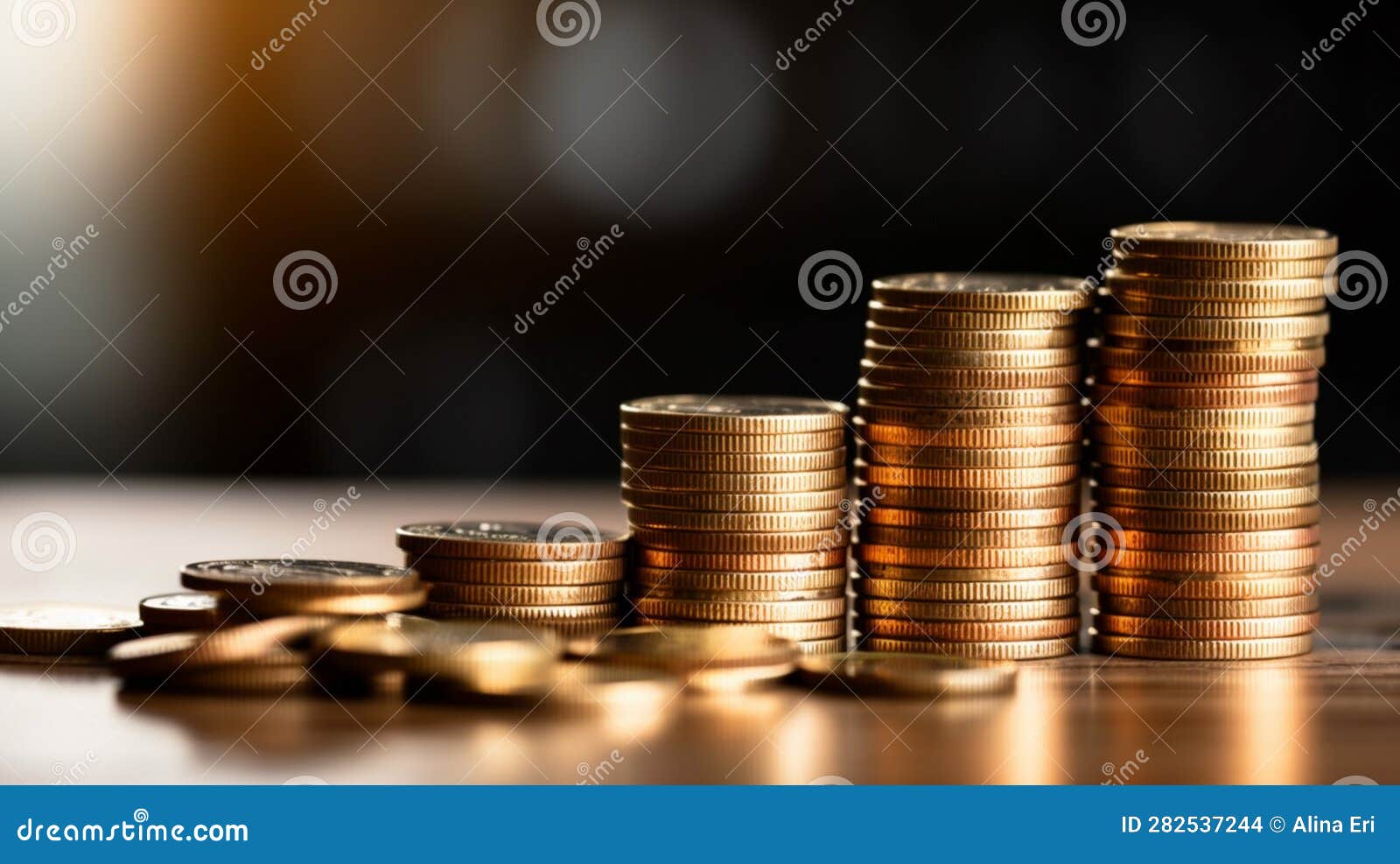 Stacked Shiny Golden Coins of Different Value. Blured Copy Space Stock ...