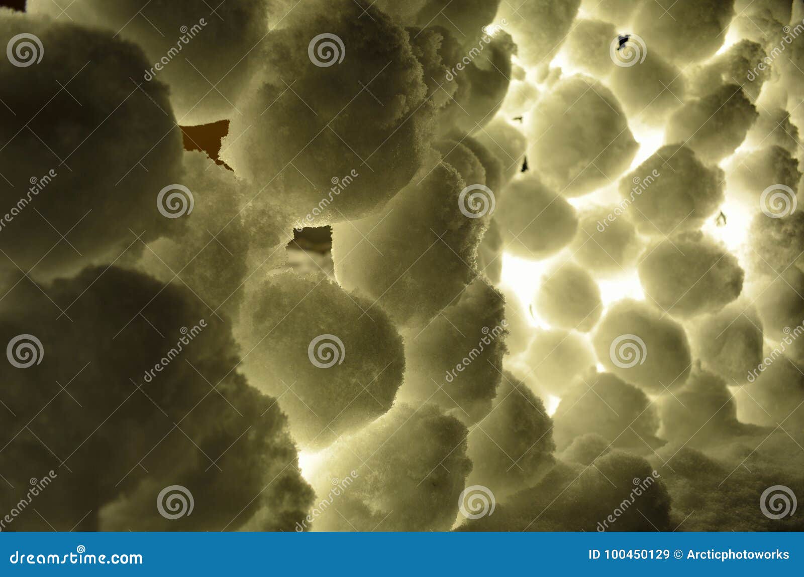 Stacked Snowball Wall Illuminated in Winter Stock Image - Image of ...