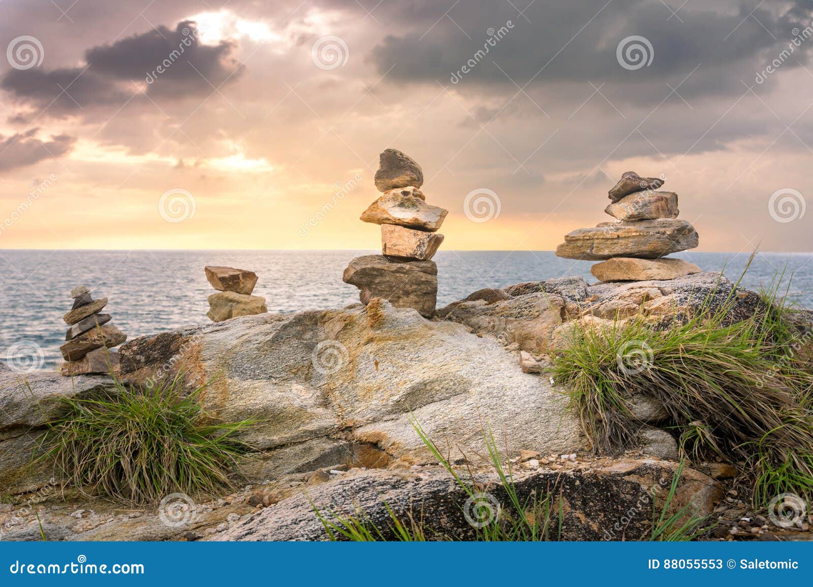 Stacked Stones on a Beach in Thailand at Sunset Stock Image - Image of ...