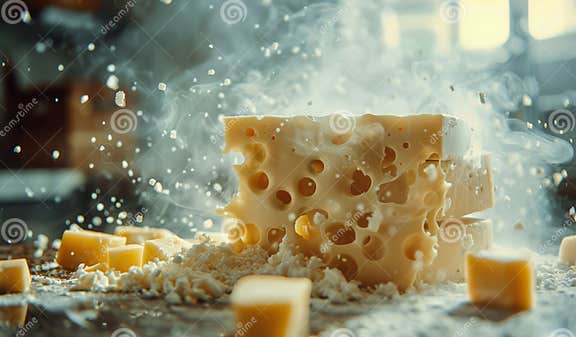 Stacked Swiss Cheese Explodes with Steam and Shards Stock Photo - Image ...