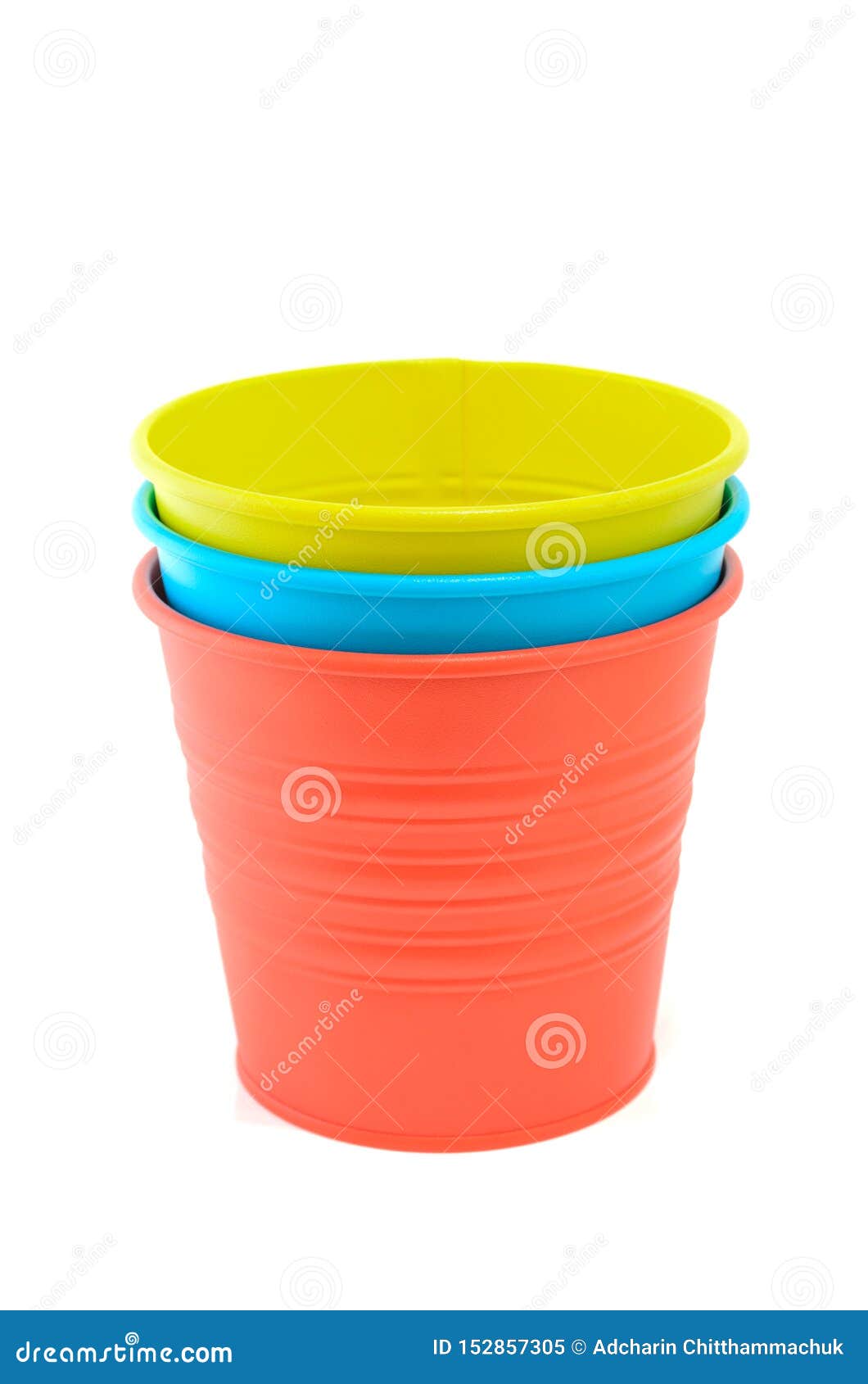 Stacked of Three Colorful Buckets Isolated on White Background Stock ...
