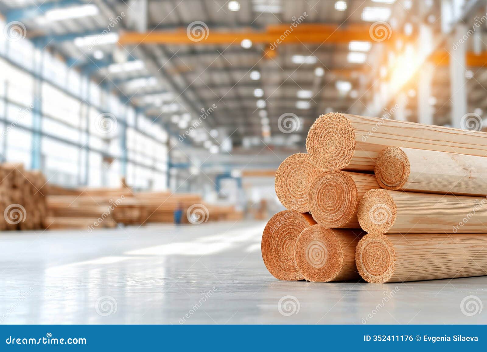 Stacked Timber Logs in Industrial Warehouse with Sunlight Stock ...