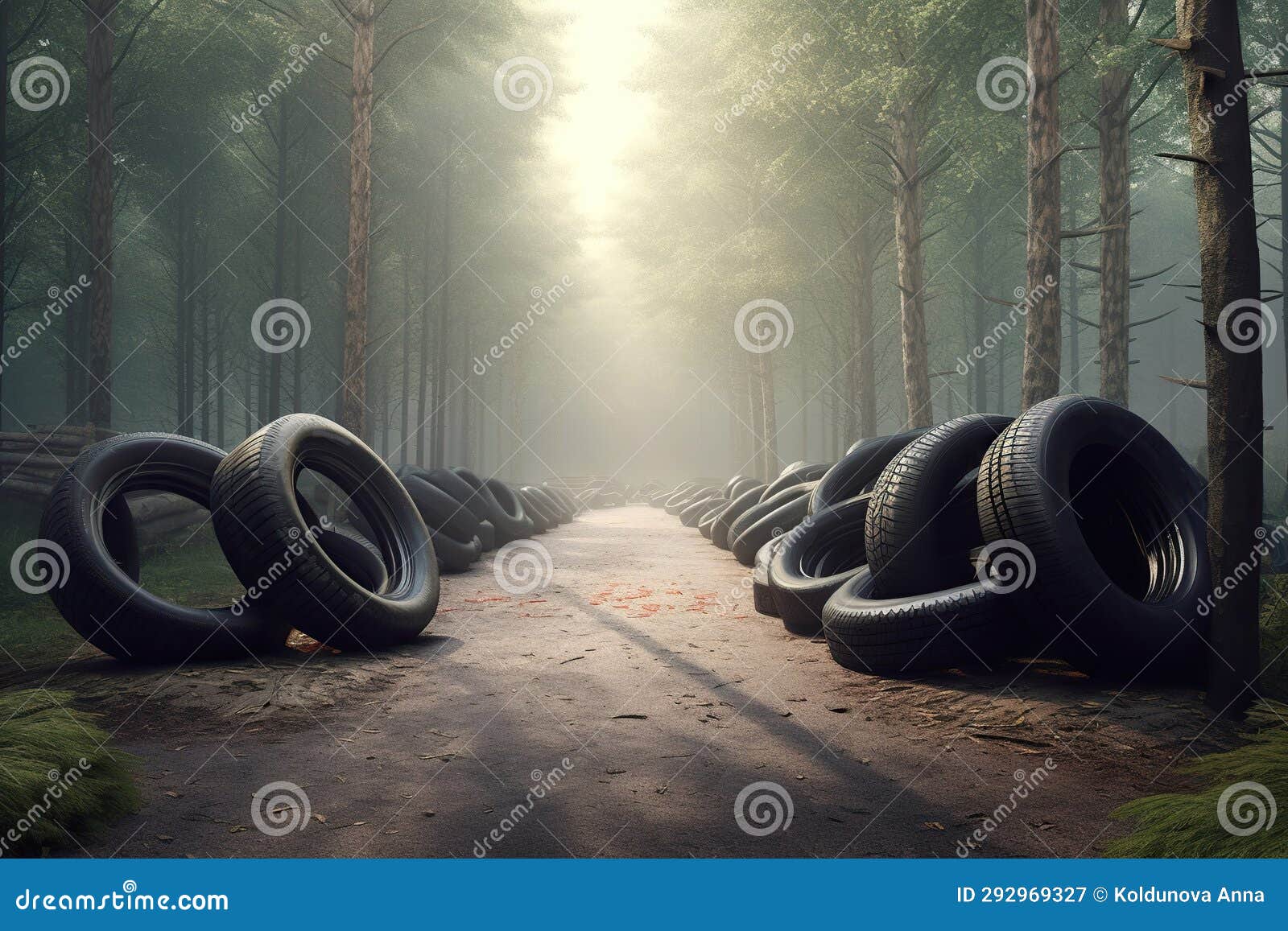Stacked Tires on Middle of the Road in the Forest, Stock Image - Image ...