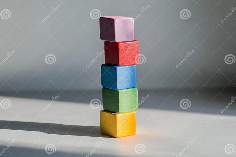 A Stacked Tower of Multi-colored Cubes on a Light Gray Surface, with ...