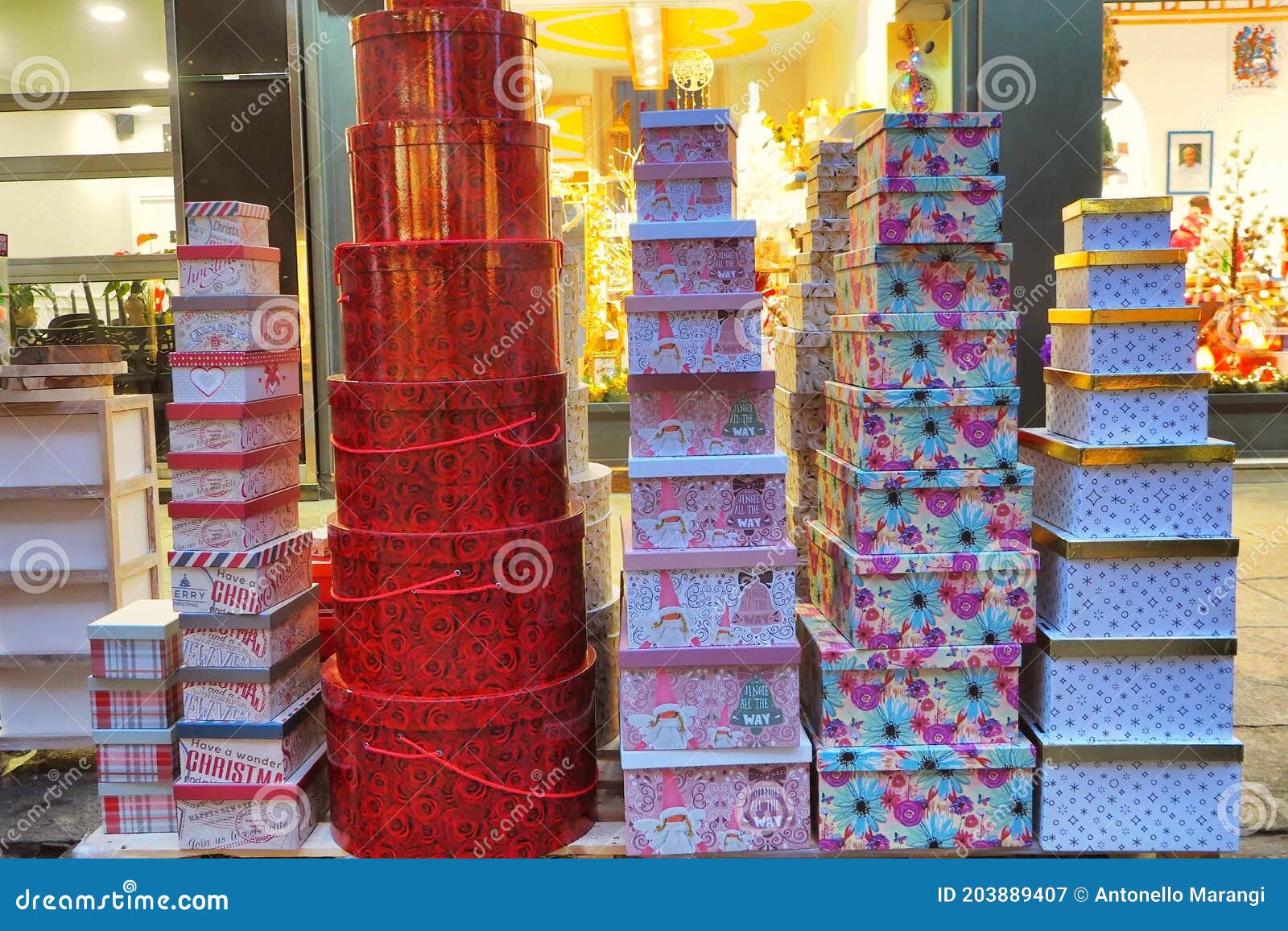 Stacked Towers of Boxes in Different Shape and Size for Presents Stock ...