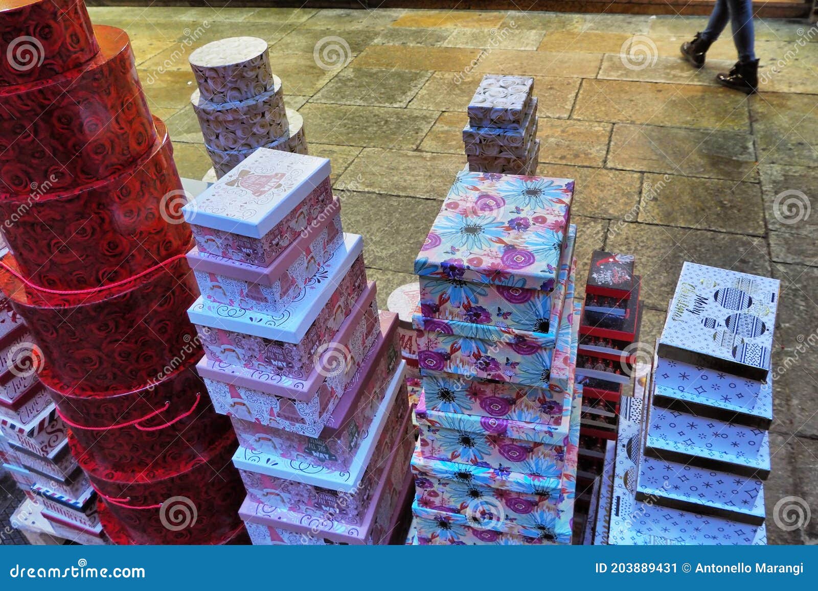 Stacked Towers of Boxes in Different Shape and Size for Presents Stock ...