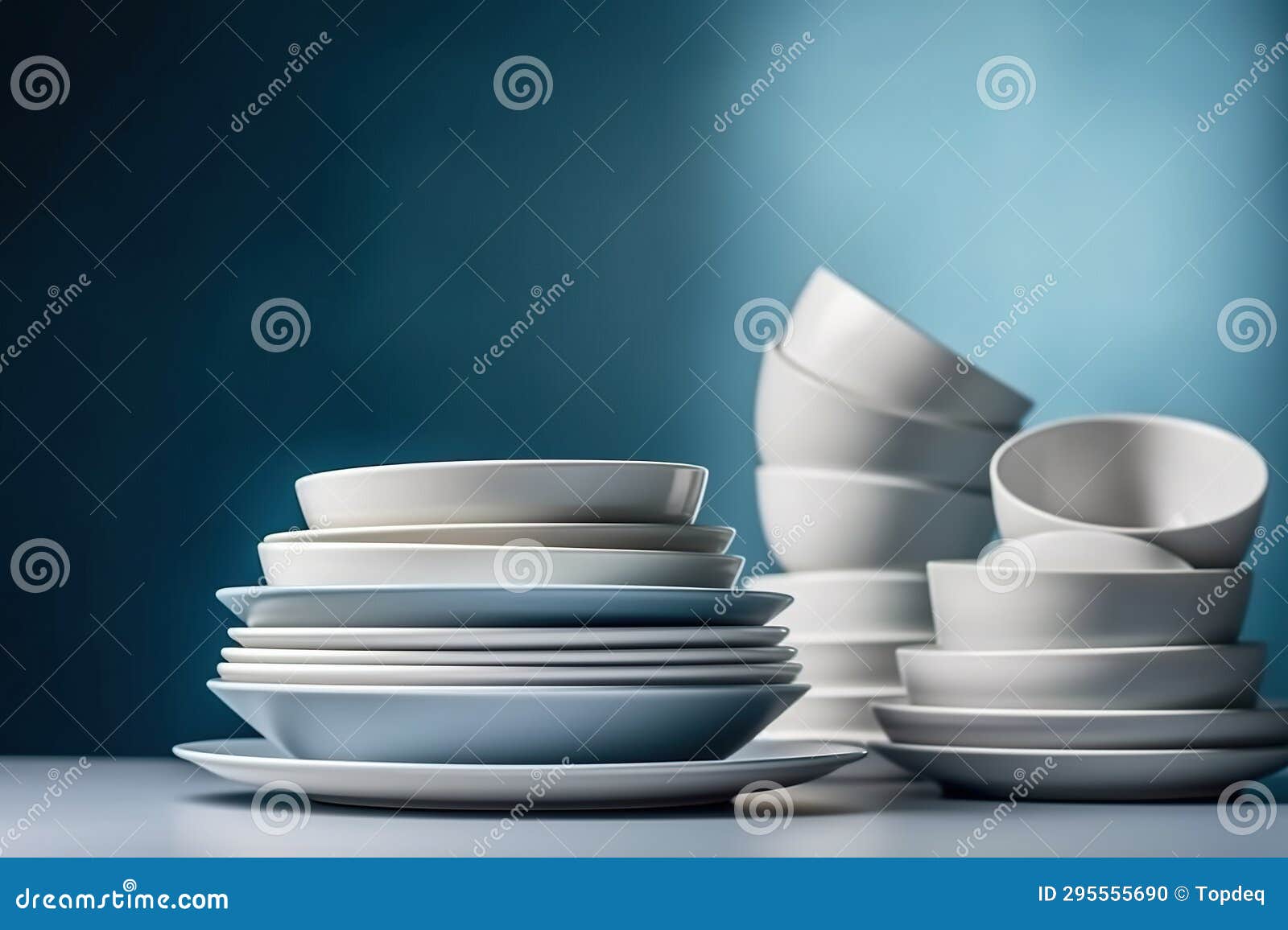 Stacked White Ceramic Dishes On Blue Gradient Backdrop Royalty-Free ...