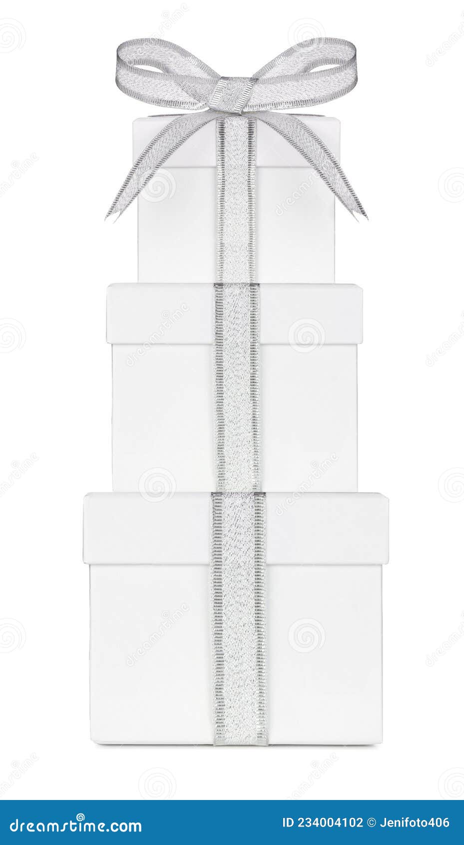 Stacked White Gift Boxes Wrapped with Shiny Silver Ribbon and Bow ...