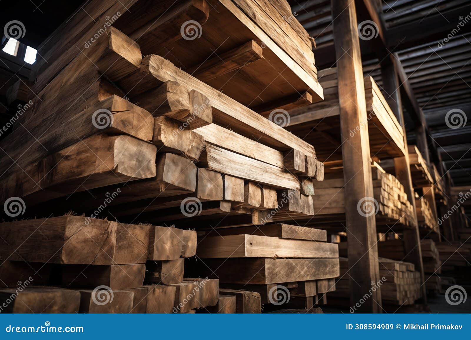 Stacked Wooden Beams in the Warehouse Stock Illustration - Illustration ...