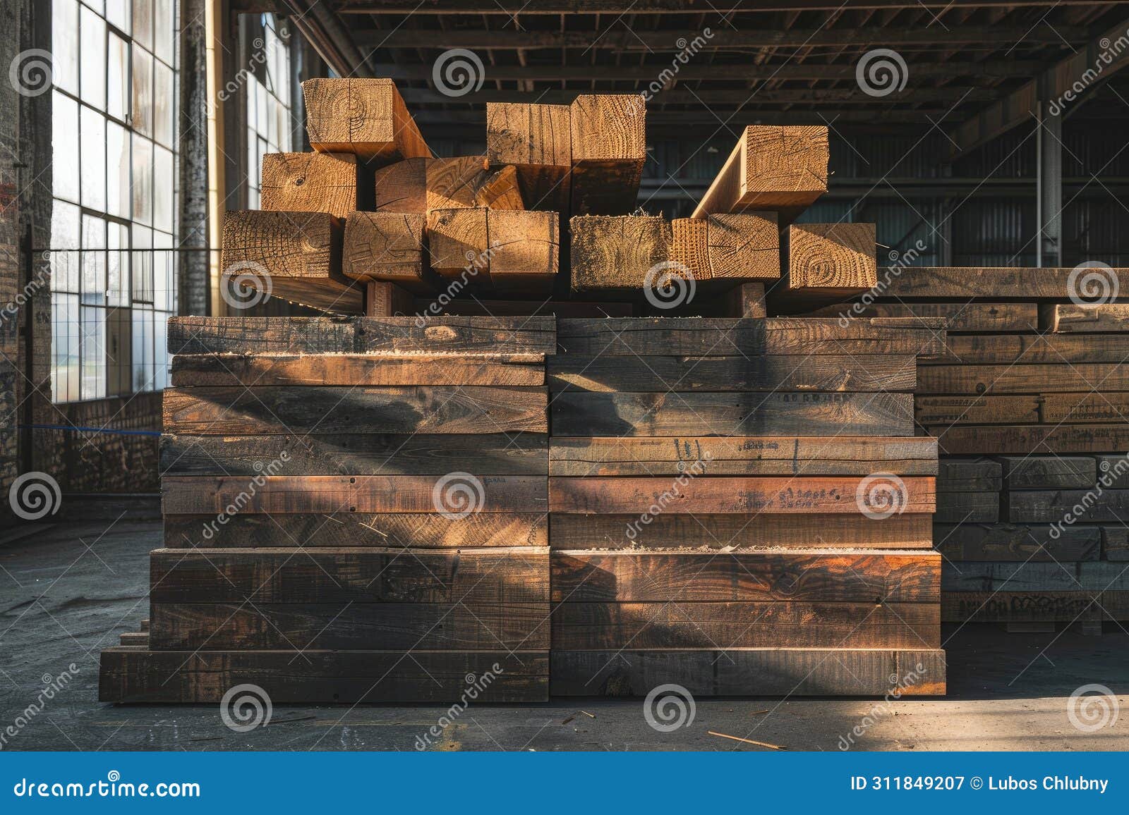 Stacked Wooden Beams in the Warehouse Stock Illustration - Illustration ...