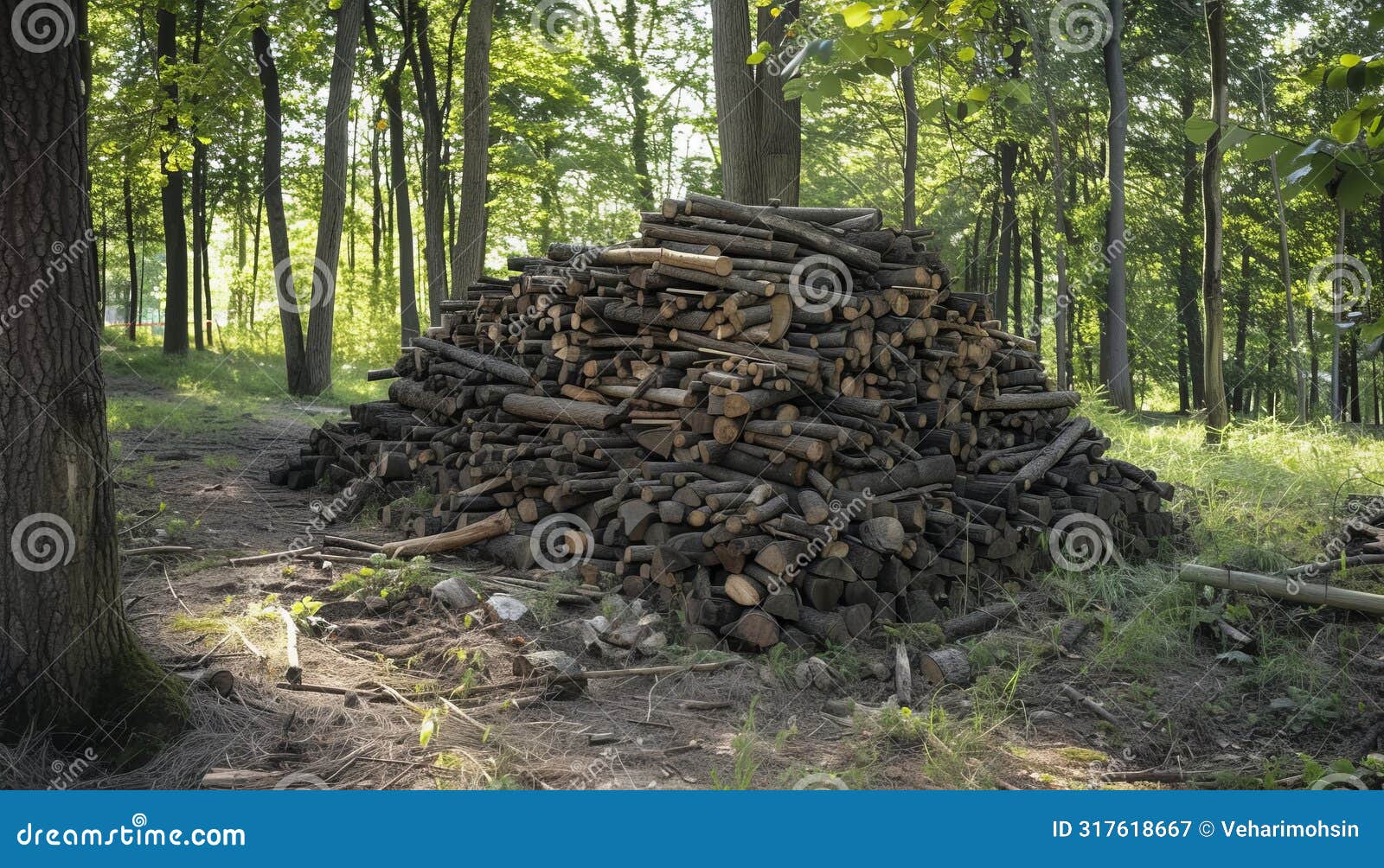 Stacked Woodpile in Forest, Fuel Construction Industry Lumber Industry ...