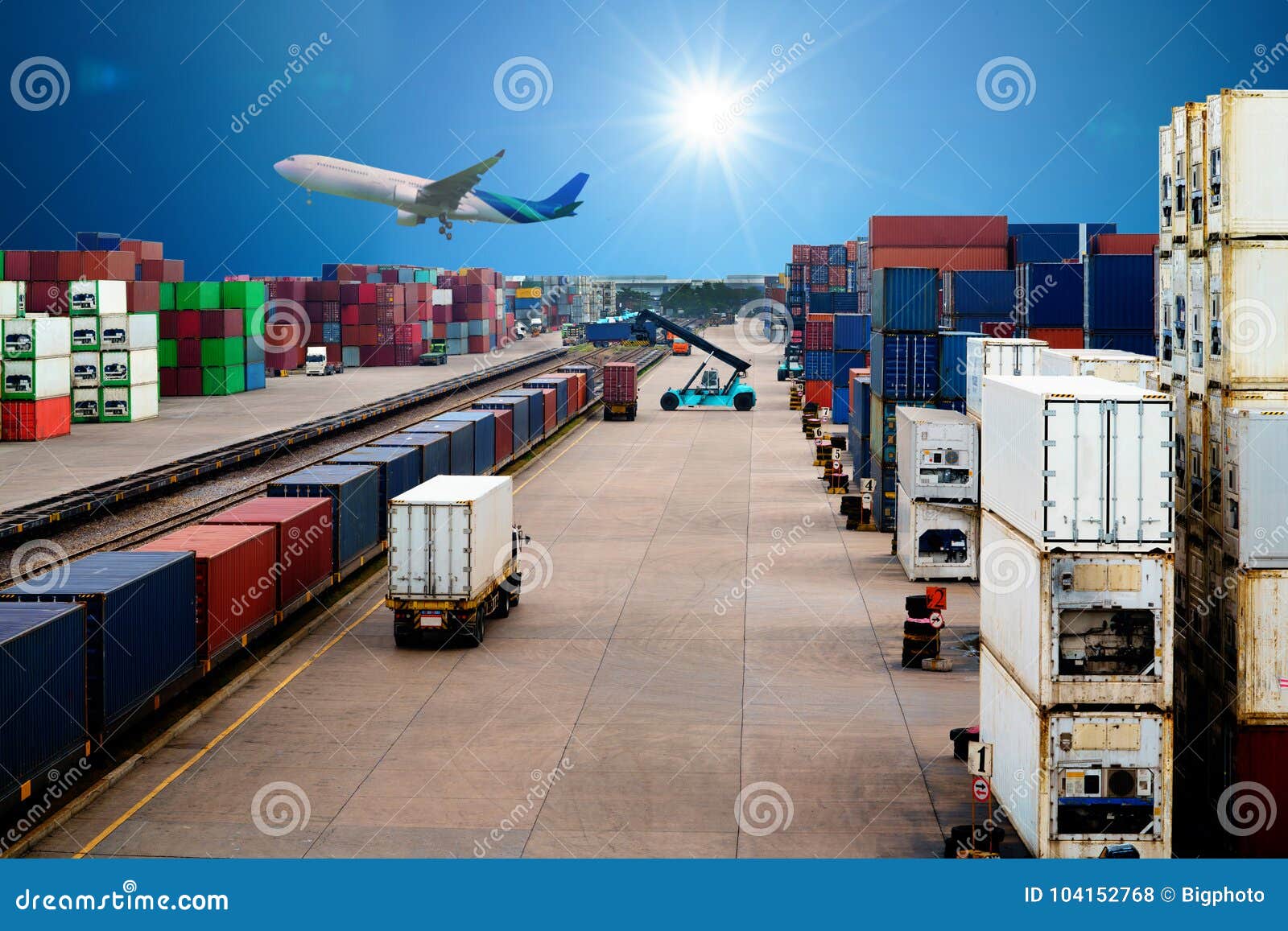 Stacker Hold a Container Box and Train Freight Cargo Container. Stock ...