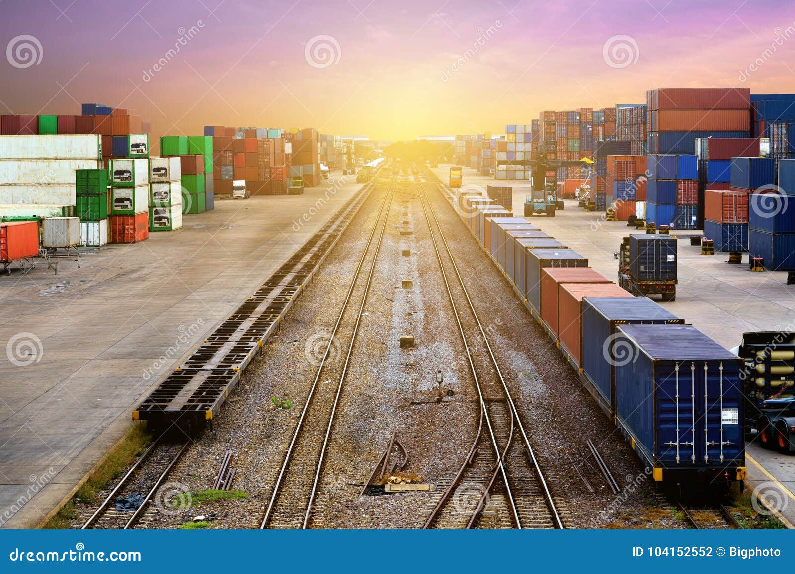 Stacker Hold a Container Box and Train Freight Cargo Container. Stock ...