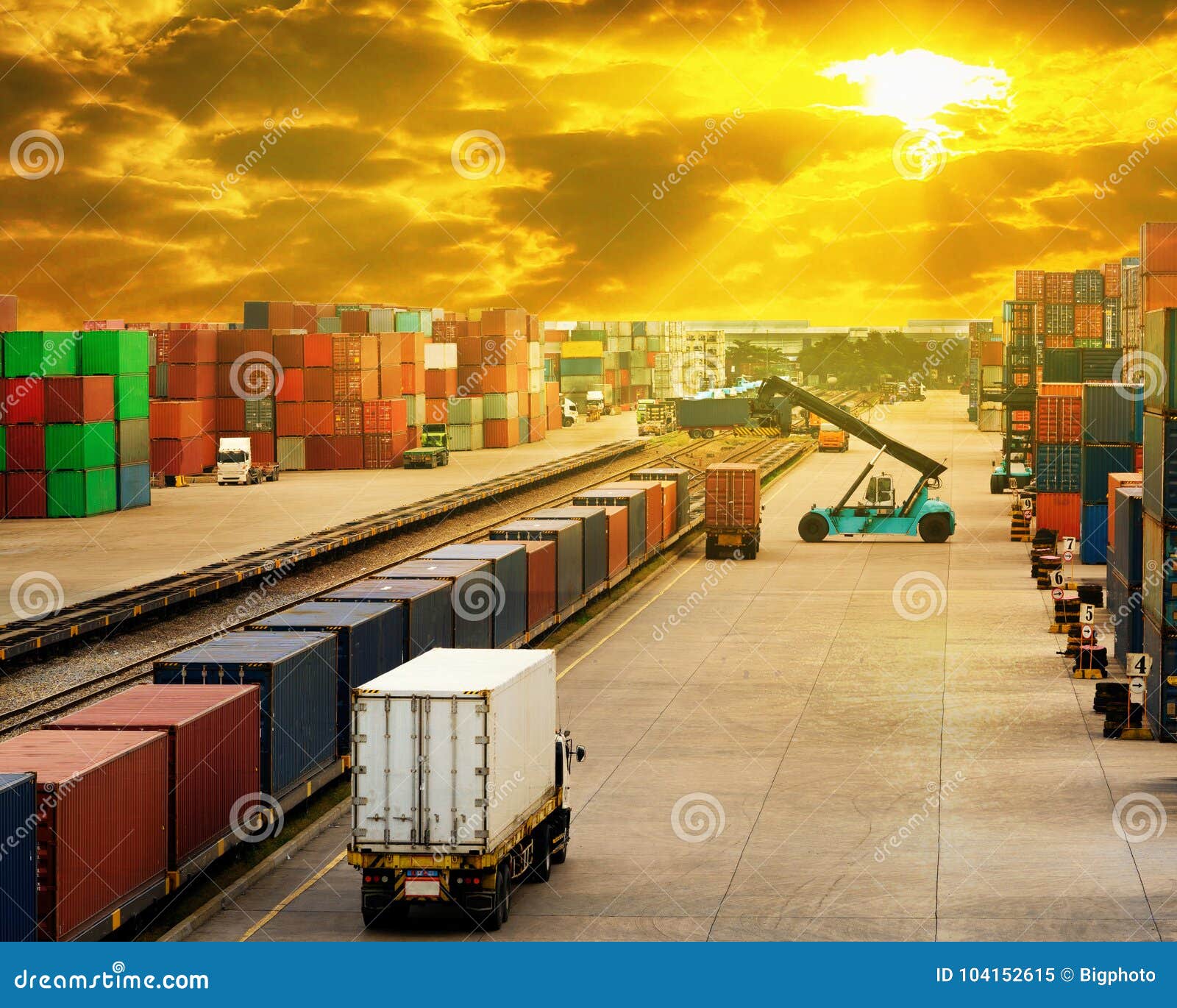 Stacker Hold a Container Box and Train Freight Cargo Container. Stock ...