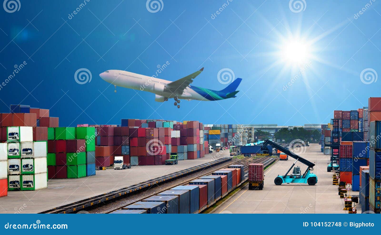Stacker Hold a Container Box and Train Freight Cargo Container. Stock ...
