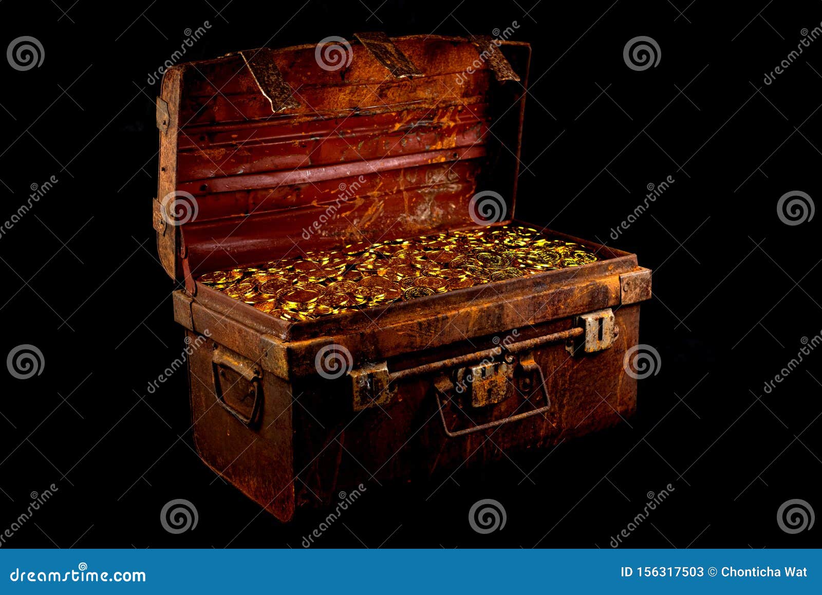 Coin In Treasure Chest With Compass And Magnifying Glass Stock Photo ...